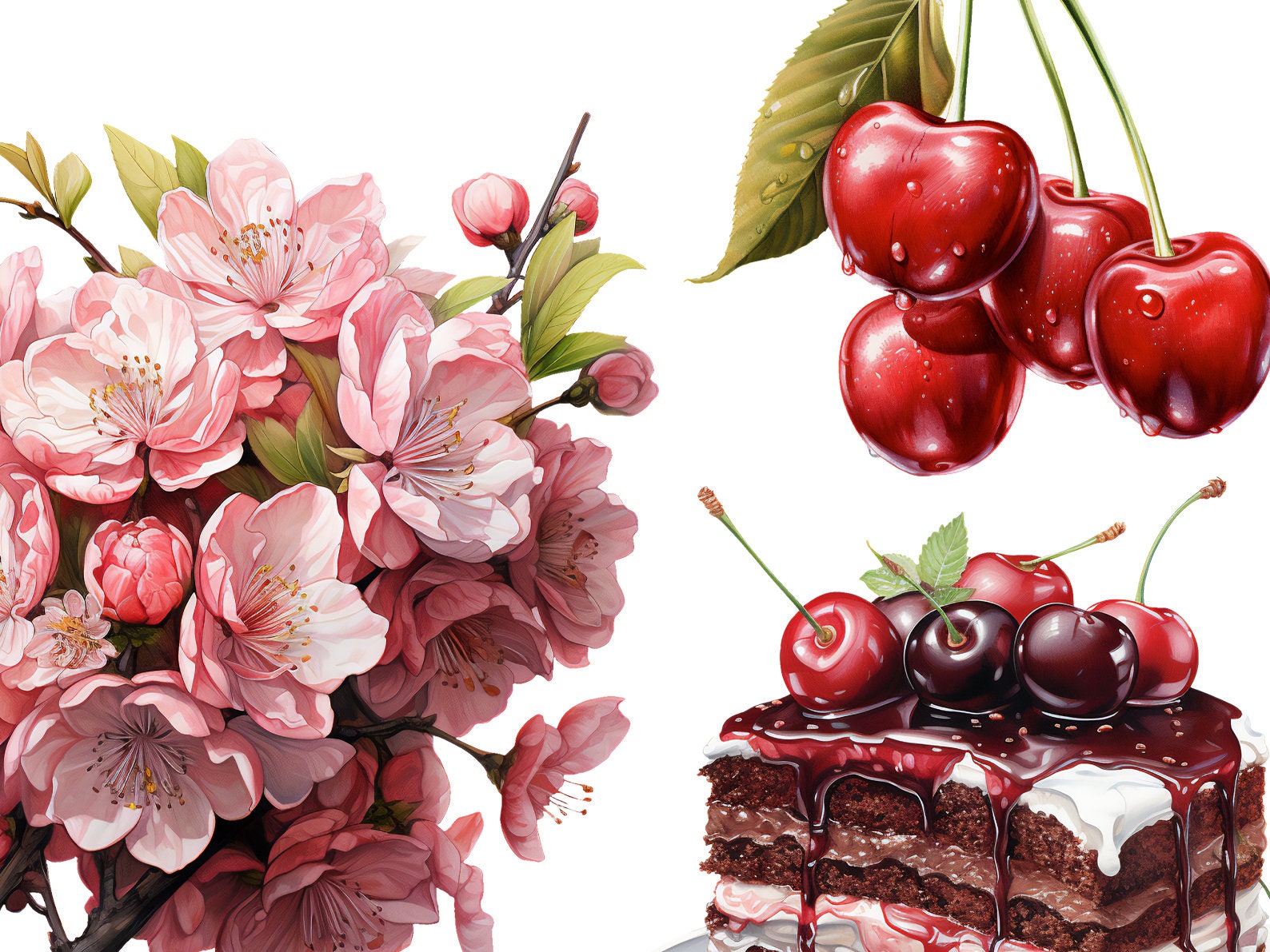 Watercolor Cherry Clipart Fruit Dessert Pie Waffles PNG, Printable File ...