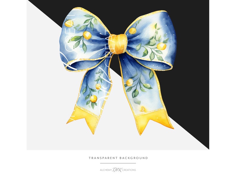 Watercolor Blue Bow Clipart Yellow Ribbon PNG Lemon Coquette Clip Art ...