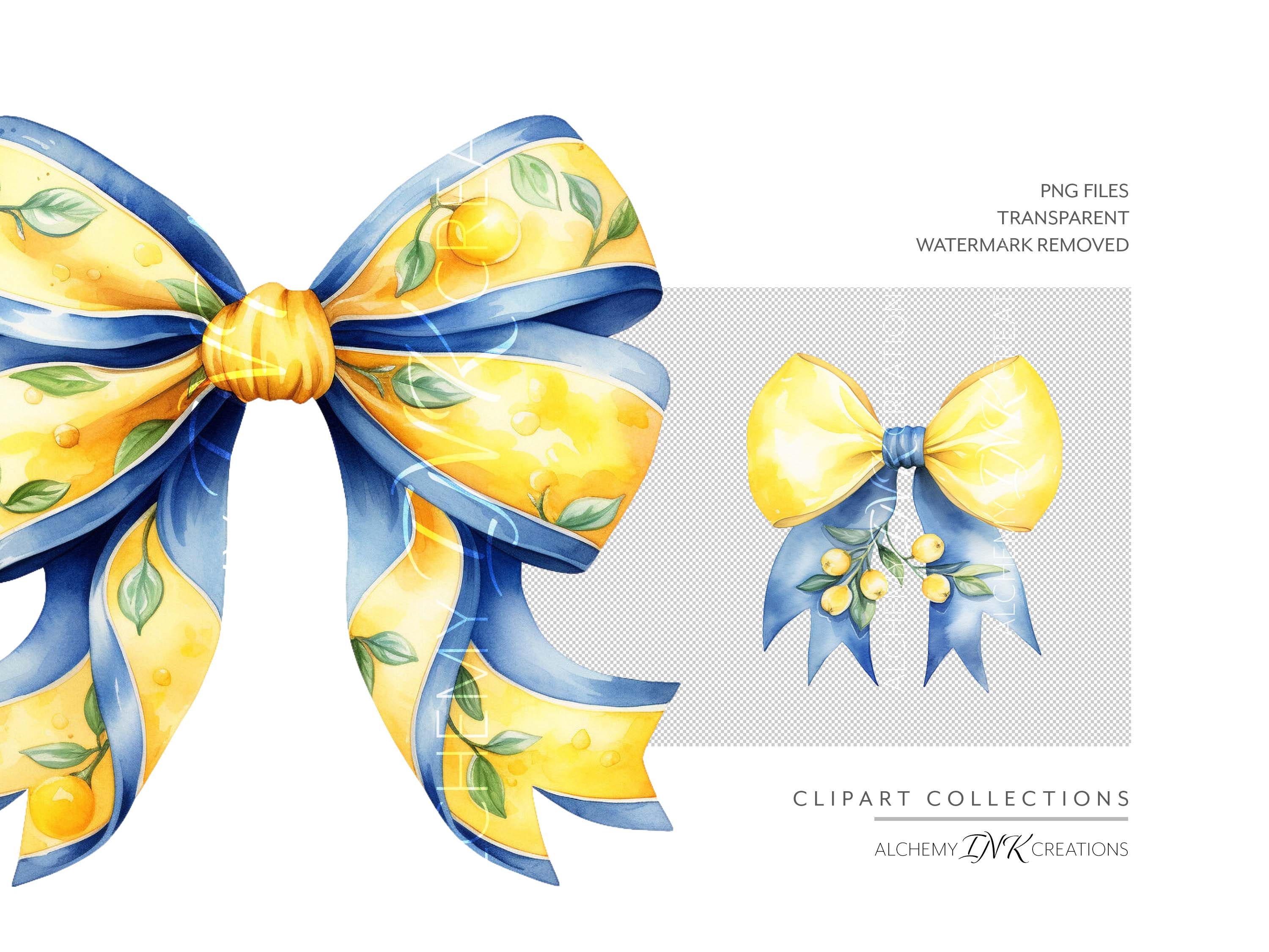 Watercolor Blue Bow Clipart Yellow Ribbon PNG Lemon Coquette Clip Art ...