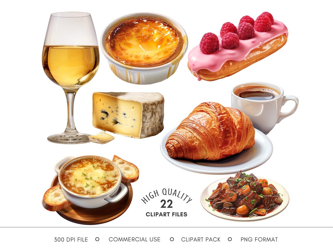 French Food Clipart - Foodie PNG, Croissant & Coffee Clipart, Menu and ...