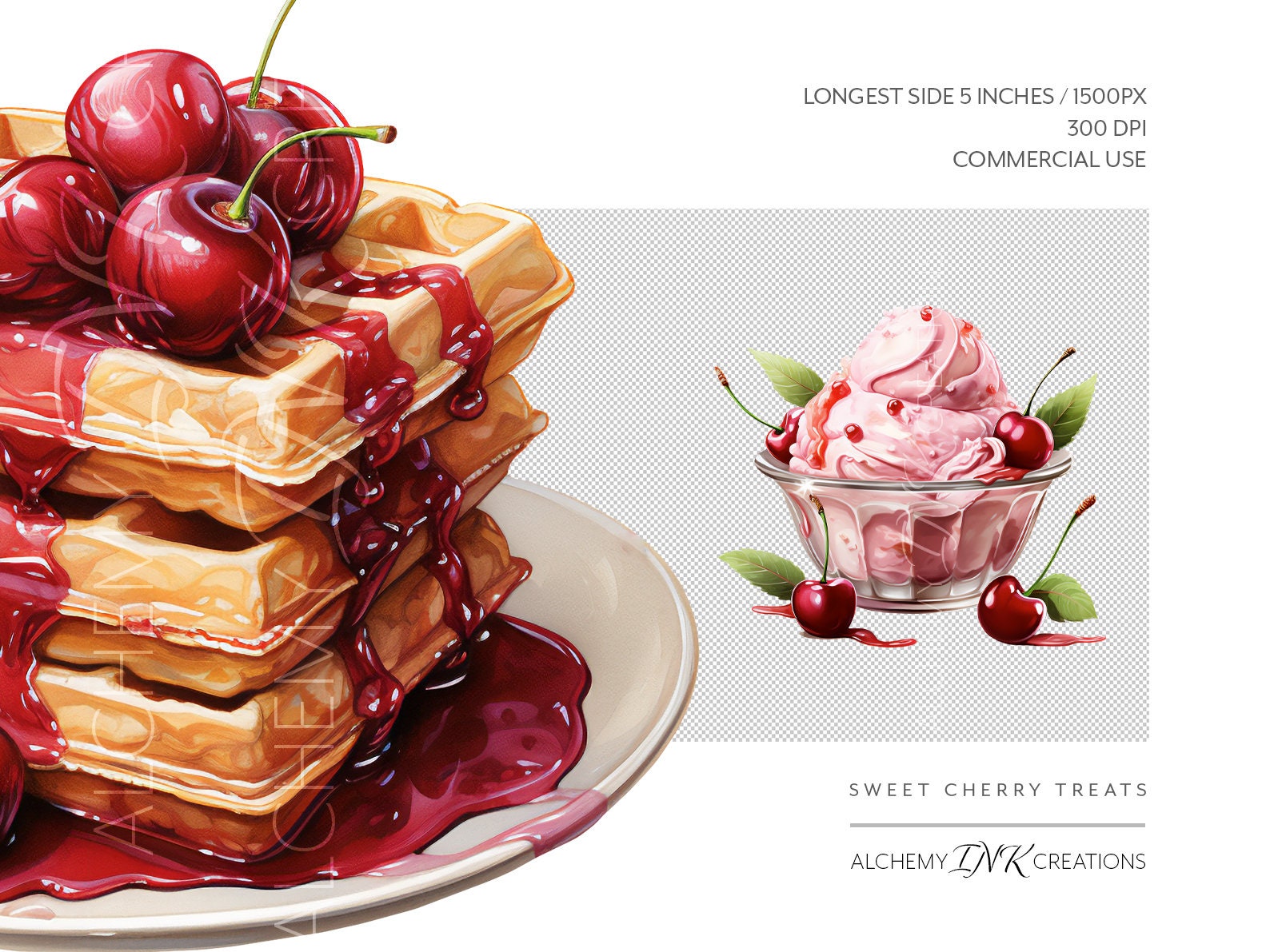 Watercolor Cherry Clipart Fruit Dessert Pie Waffles PNG, Printable File ...