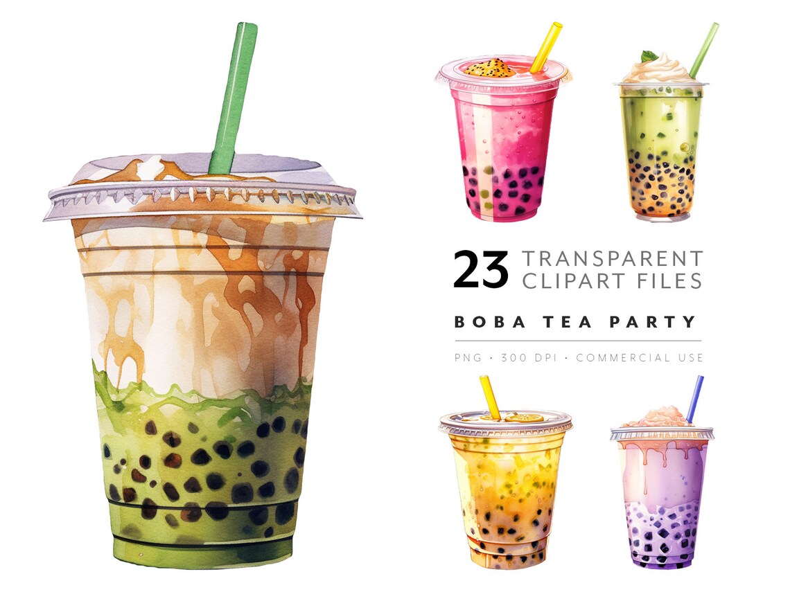 Watercolor Boba Tea Clipart Bubble Tea PNG Kawaii Drinks, Cute Food ...