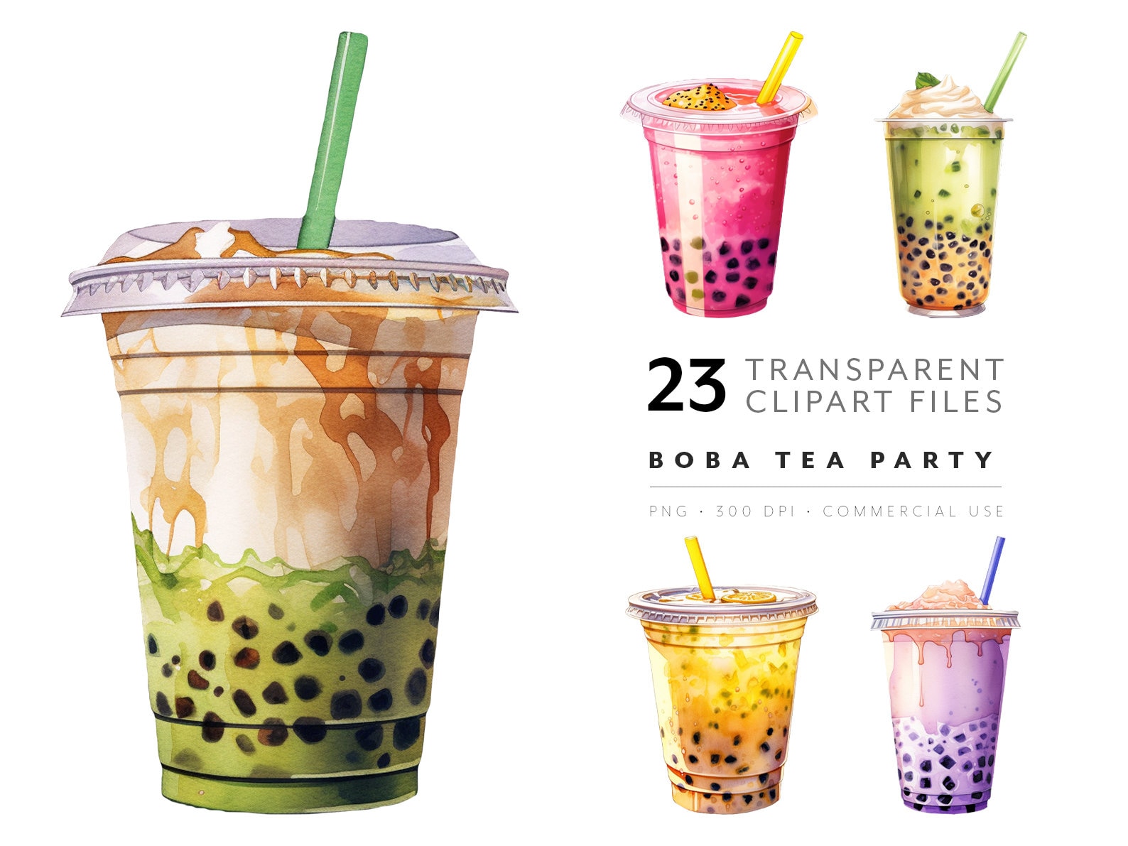 Watercolor Boba Tea Clipart Bubble Tea PNG Kawaii Drinks, Cute Food ...
