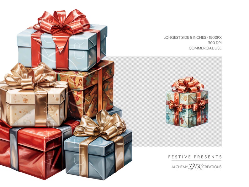 Christmas Present Clipart Watercolor Christmas Gift PNG Present Box ...