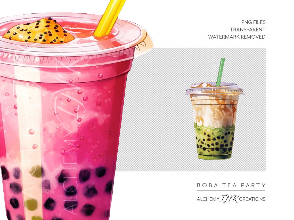 Watercolor Boba Tea Clipart Bubble Tea PNG Kawaii Drinks, Cute Food ...