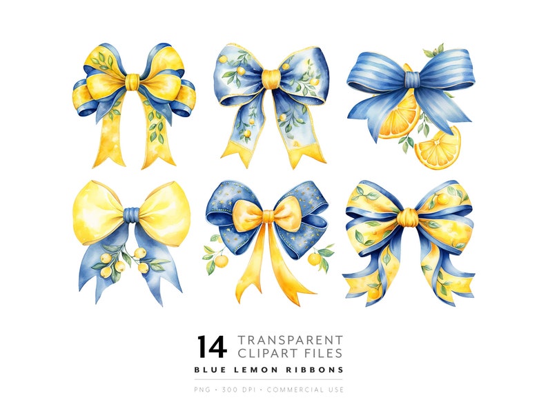 Watercolor Blue Bow Clipart Yellow Ribbon PNG Lemon Coquette Clip Art ...
