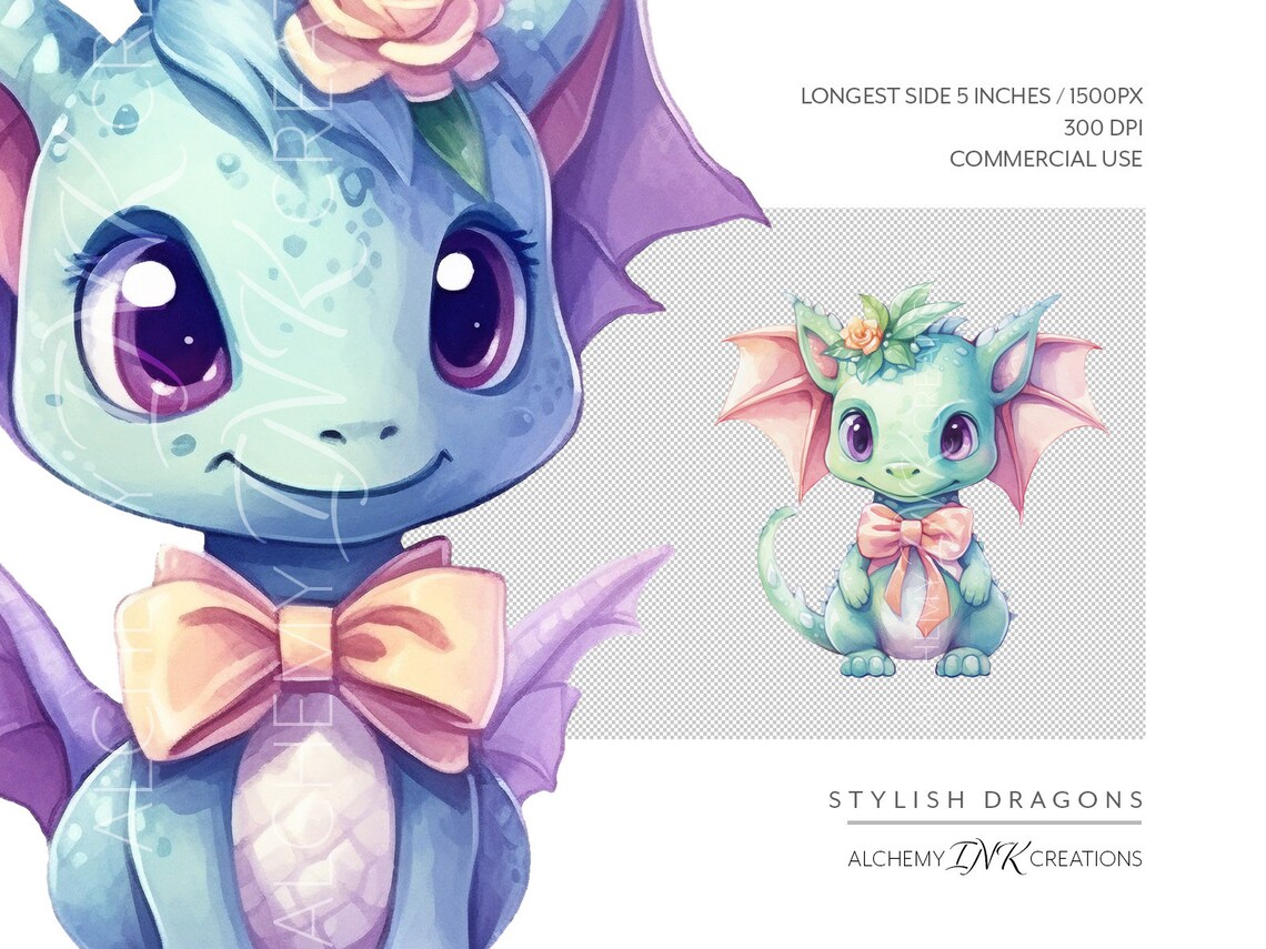 Watercolor Pastel Dragon Clipart Fantasy PNG Instant - Etsy