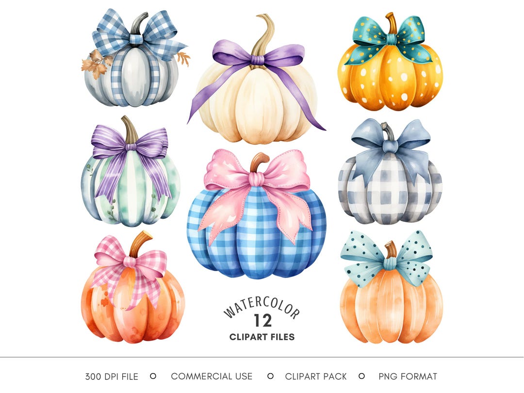Watercolor Pumpkins Clipart Coquette Bows PNG Pumpkin Graphics, Autumn ...
