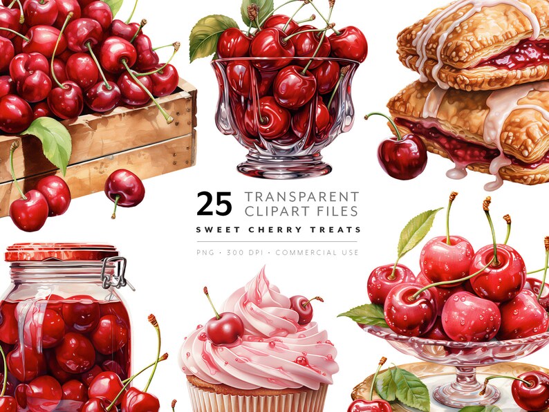 Watercolor Cherry Clipart - Fruit Dessert & Sweet PNG Files of Waffle ...