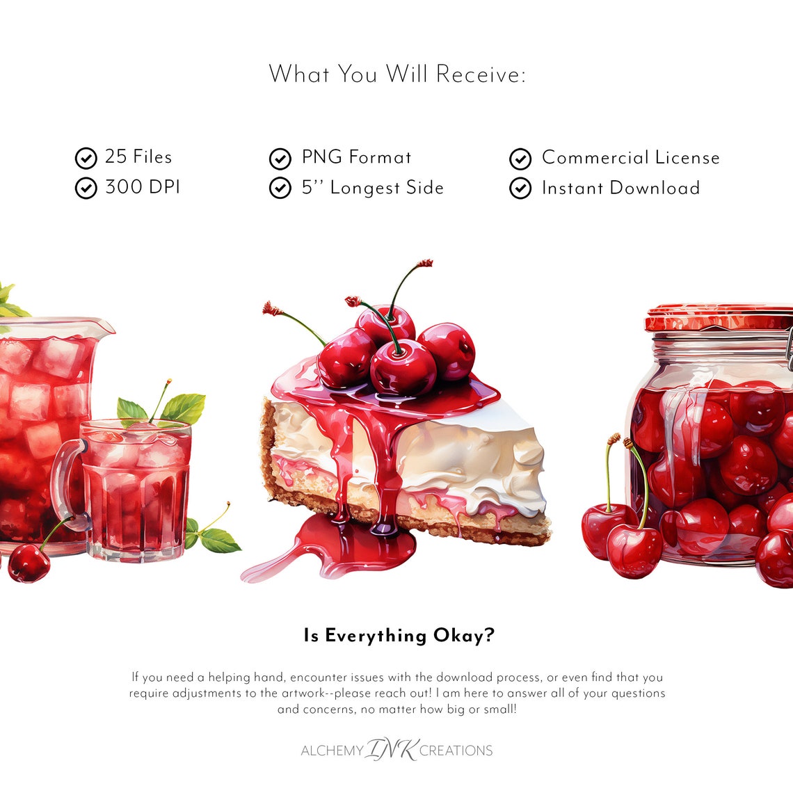 Watercolor Cherry Clipart Fruit Dessert Pie Waffles PNG, Printable File ...