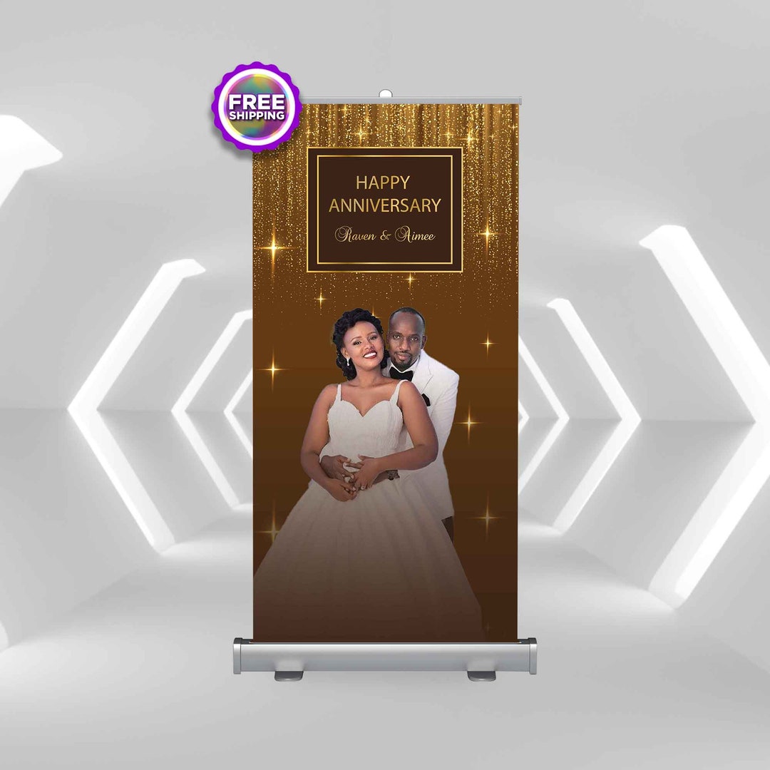 Gold Glitter Anniversary Roll up Banner, Custom Retractable Backdrop, Step and Repeat Backdrop ...