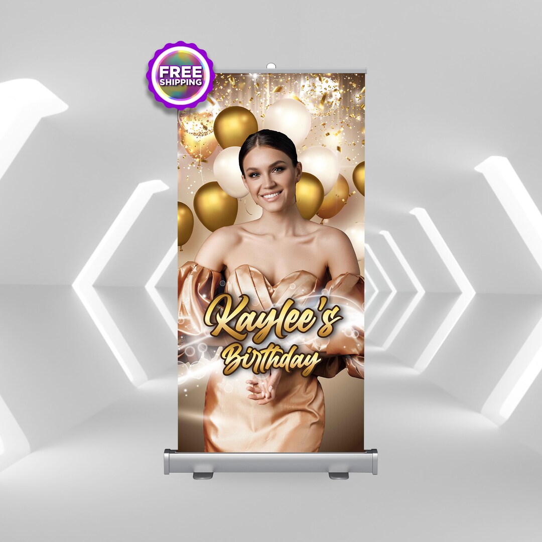 Custom Gold Birthday Roll up Banner, Custom Retractable Backdrop, Step ... Custom Gold Birthday Roll up Banner, Custom Retractable Backdrop, Step ...