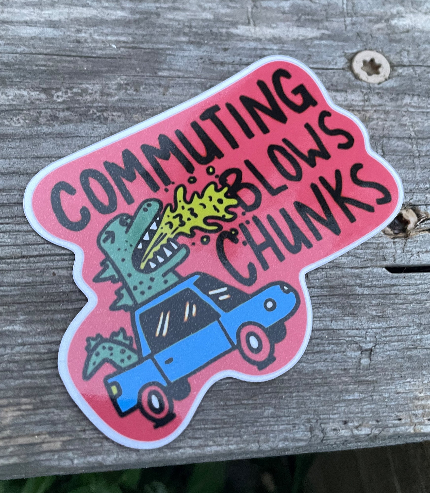 Dinosaur Driving a Car Vomiting Decal, Commute Sucks Vinyl Decal, Dino ...