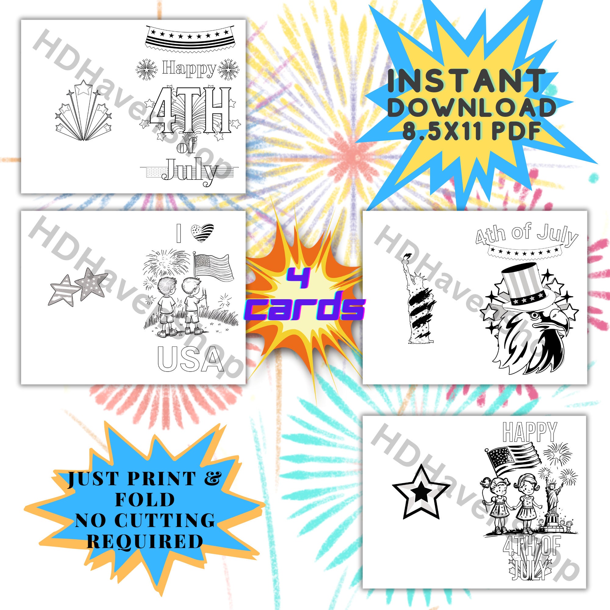 Children 4th of July 4 Card Bundle, Printable Coloring Activity, 4th of ...