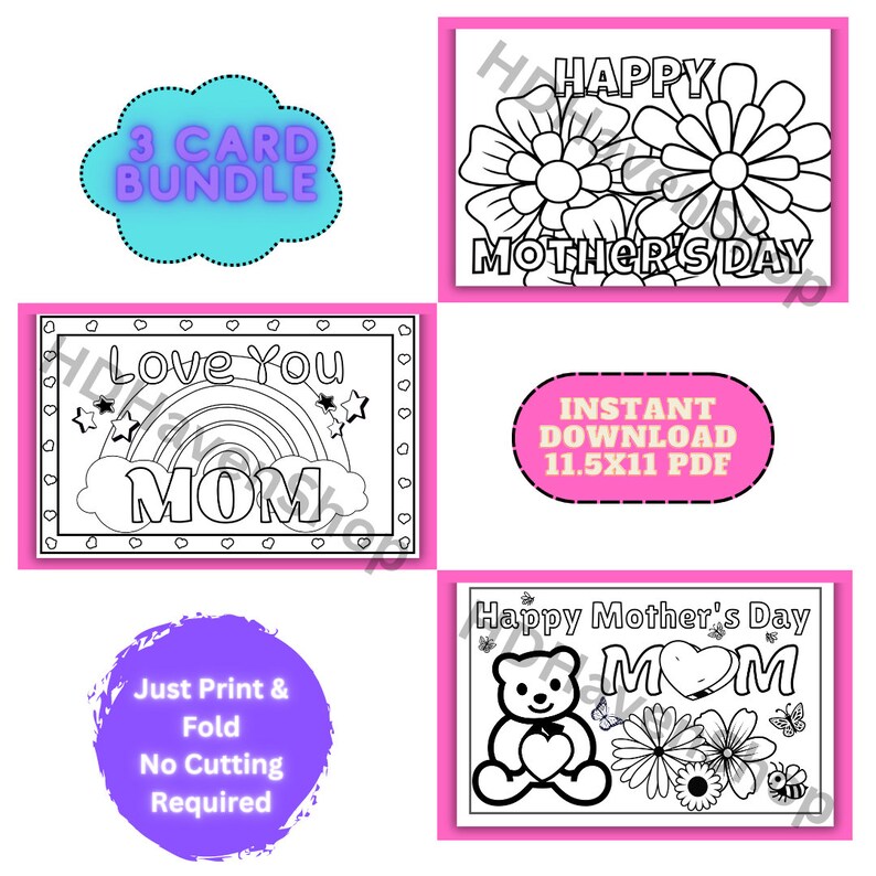 Children Mother's Day Printable Coloring 3 Card Bundle, Coloring ...