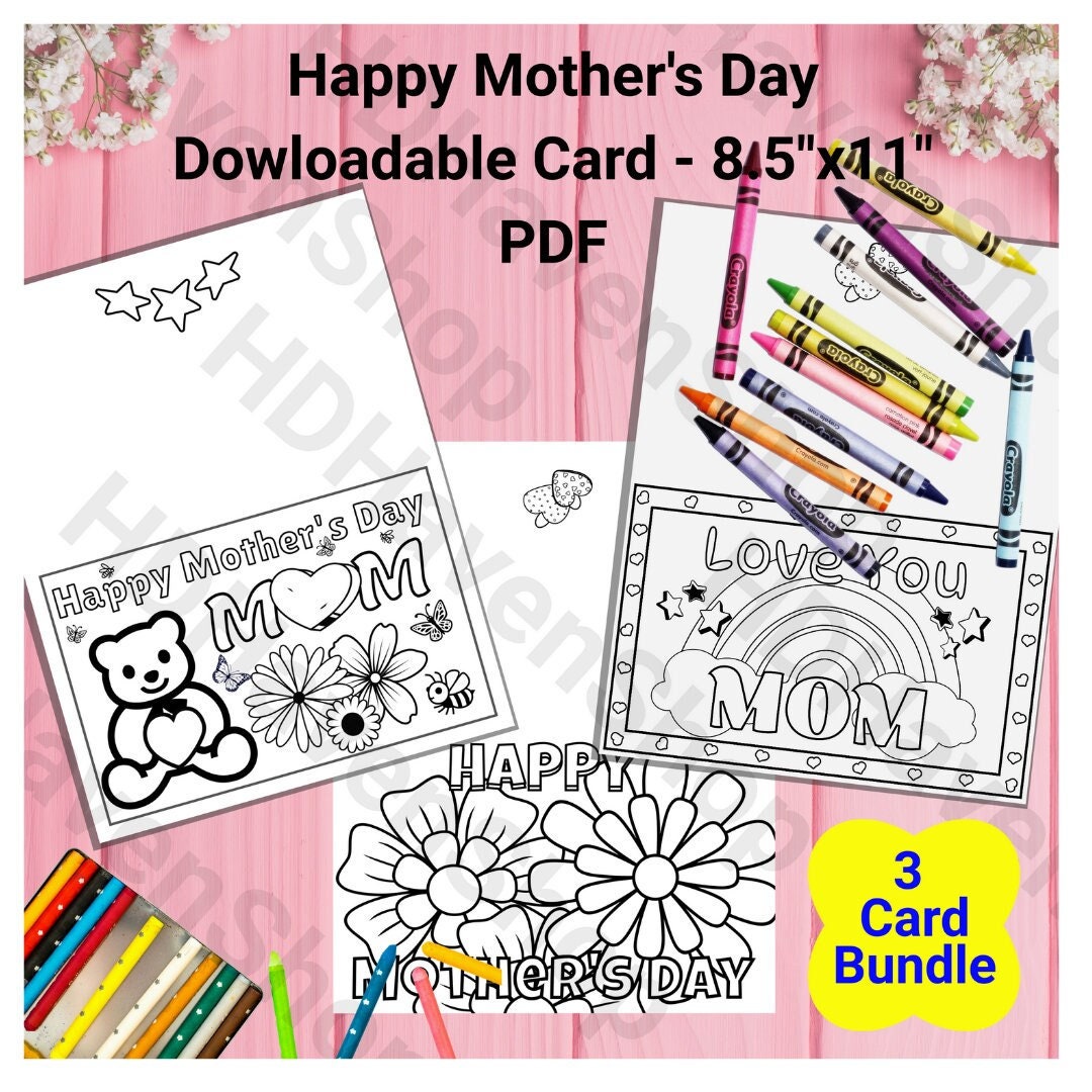 Children Mother's Day Printable Coloring 3 Card Bundle, Coloring ...