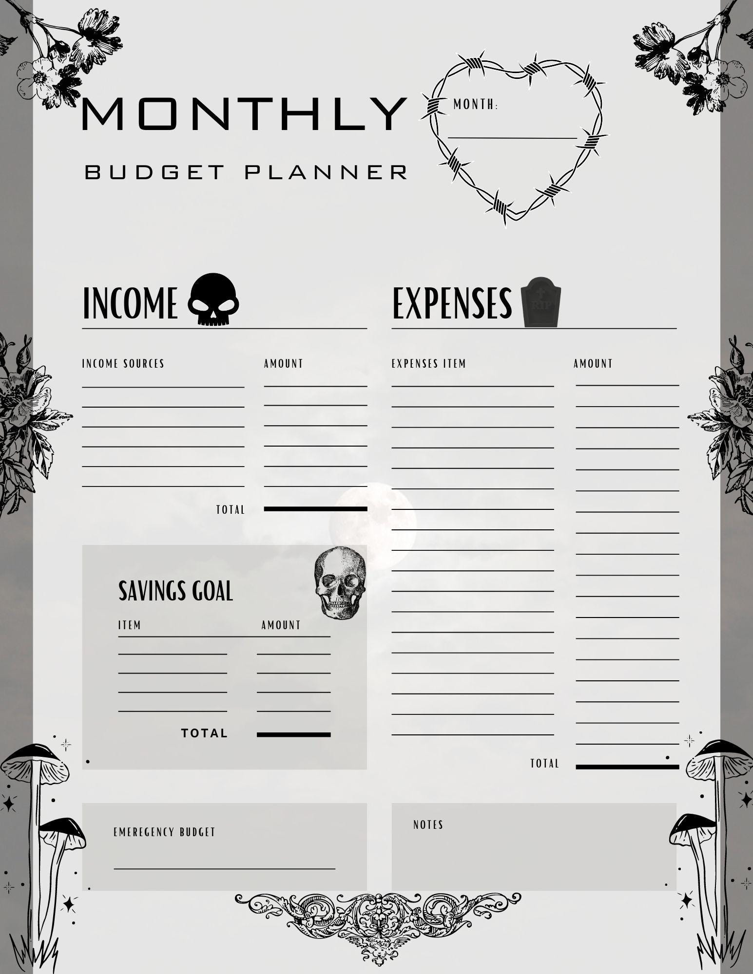 Digital Budget Sheet, Printable, Goth Theme, Digital Budget, Digital ...