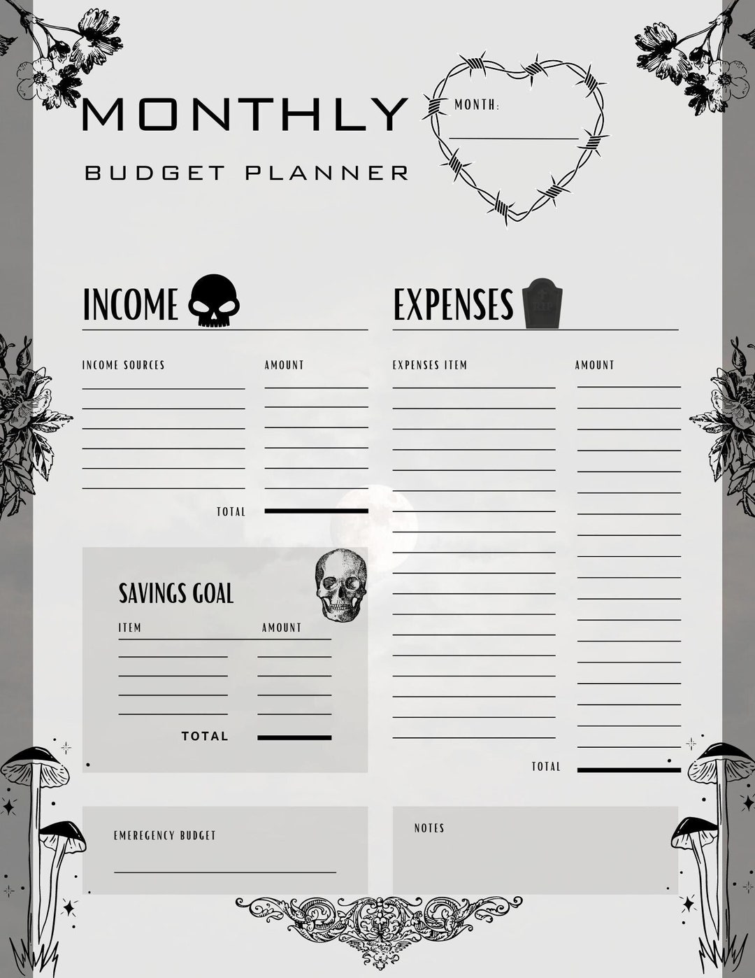 Digital Budget Sheet, Printable, Goth Theme, Digital Budget, Digital ...