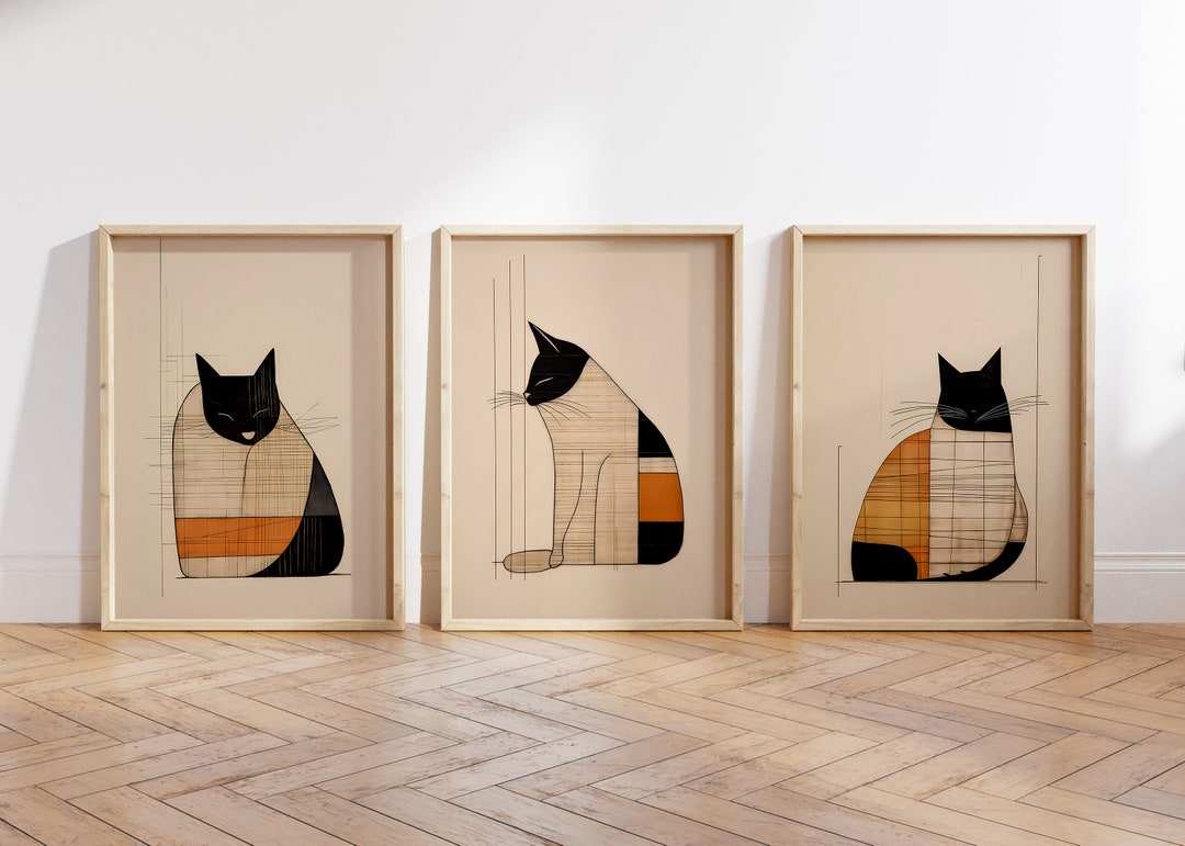 Abstract Cat Wall Art Prints, Cat Wall Decor, Set of 3 Cat Wall Prints ...