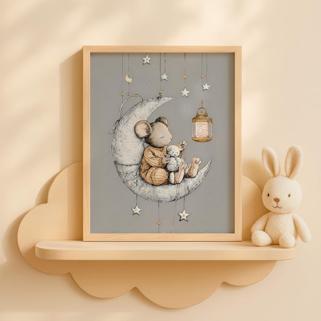 Whimsical Mouse on Crescent Moon With Stars Nursery Wall Art ...