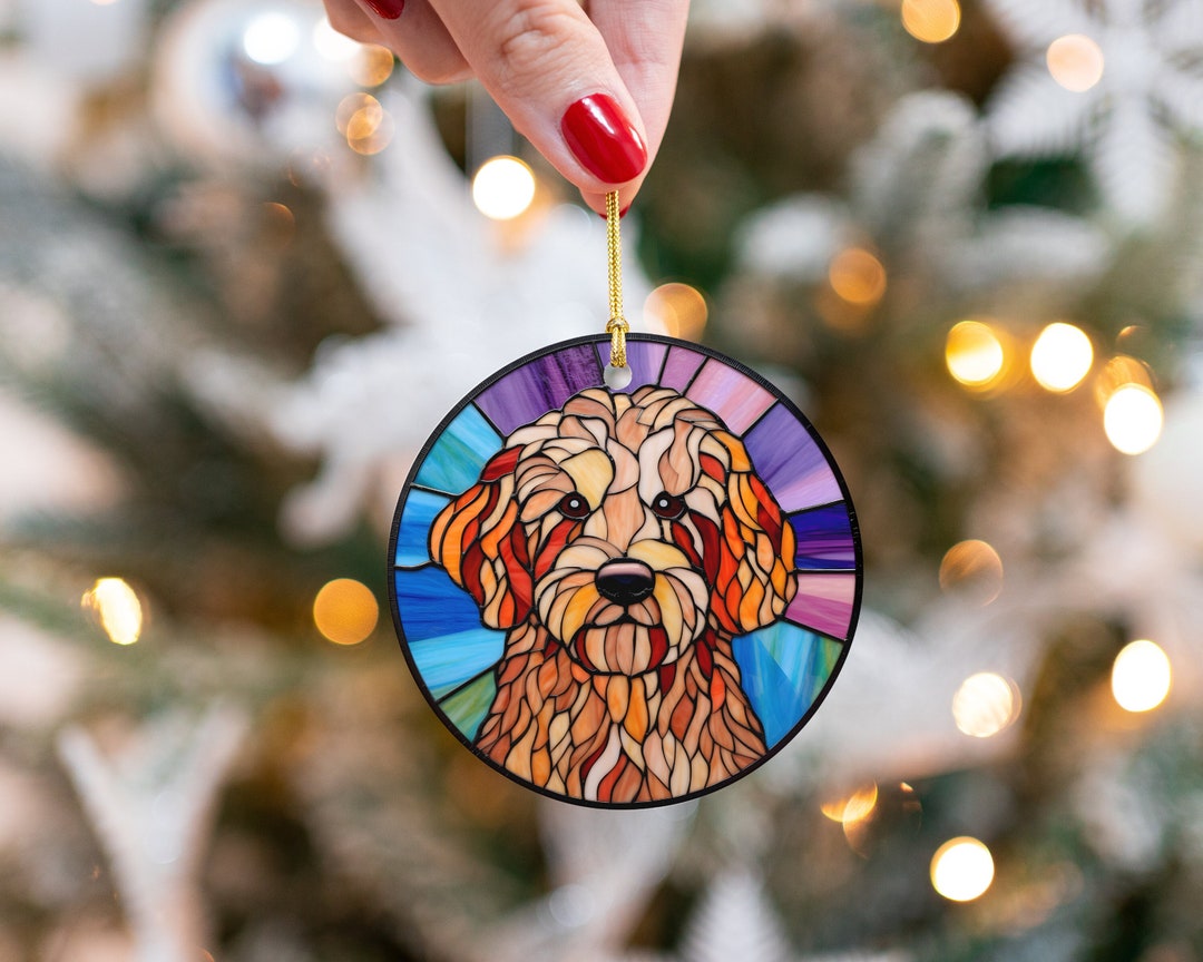 Goldendoodle Puppy Ornament - Stained Glass Ceramic Christmas Tree ...