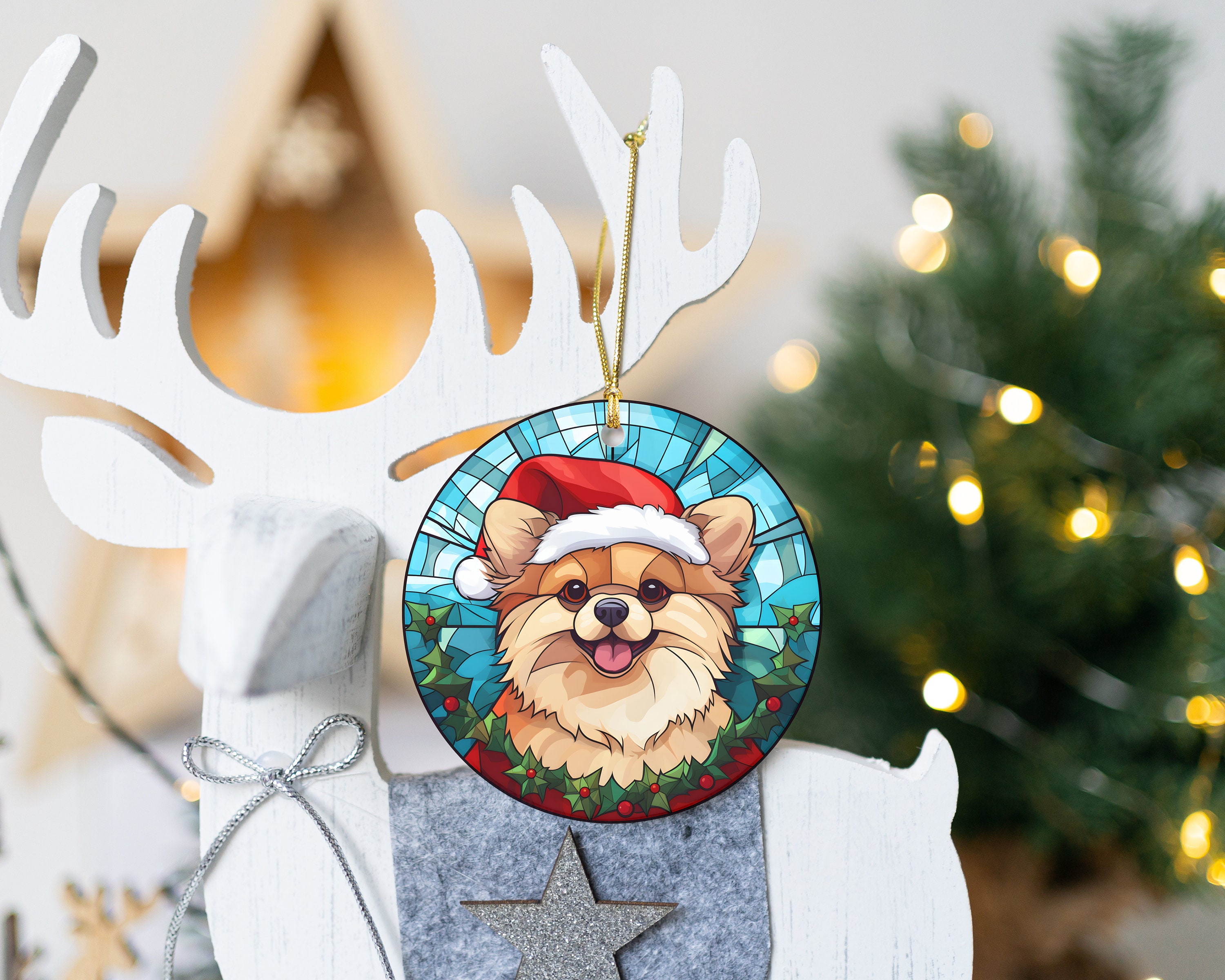 Pomeranian Ornament - Cute Dog Portrait Stained Glass Ornament Unique ...