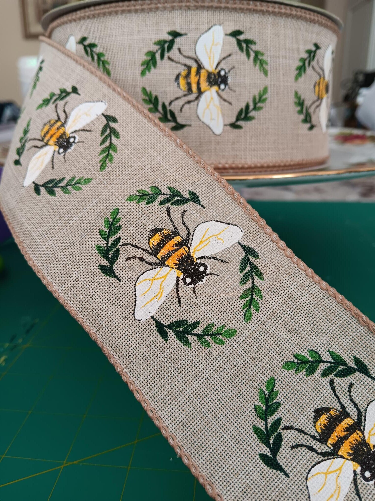 Bees! Bee Farmhouse Ribbon on "burlap" Type Base, 2.5" Wired Ribbon. - Etsy