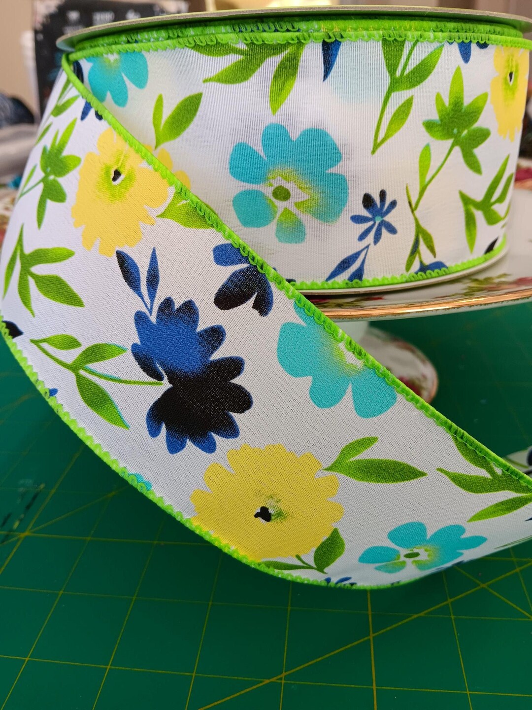 Floral White, Blue, Turquoise and Yellow 2.5" Wired Ribbon for Wreaths ...