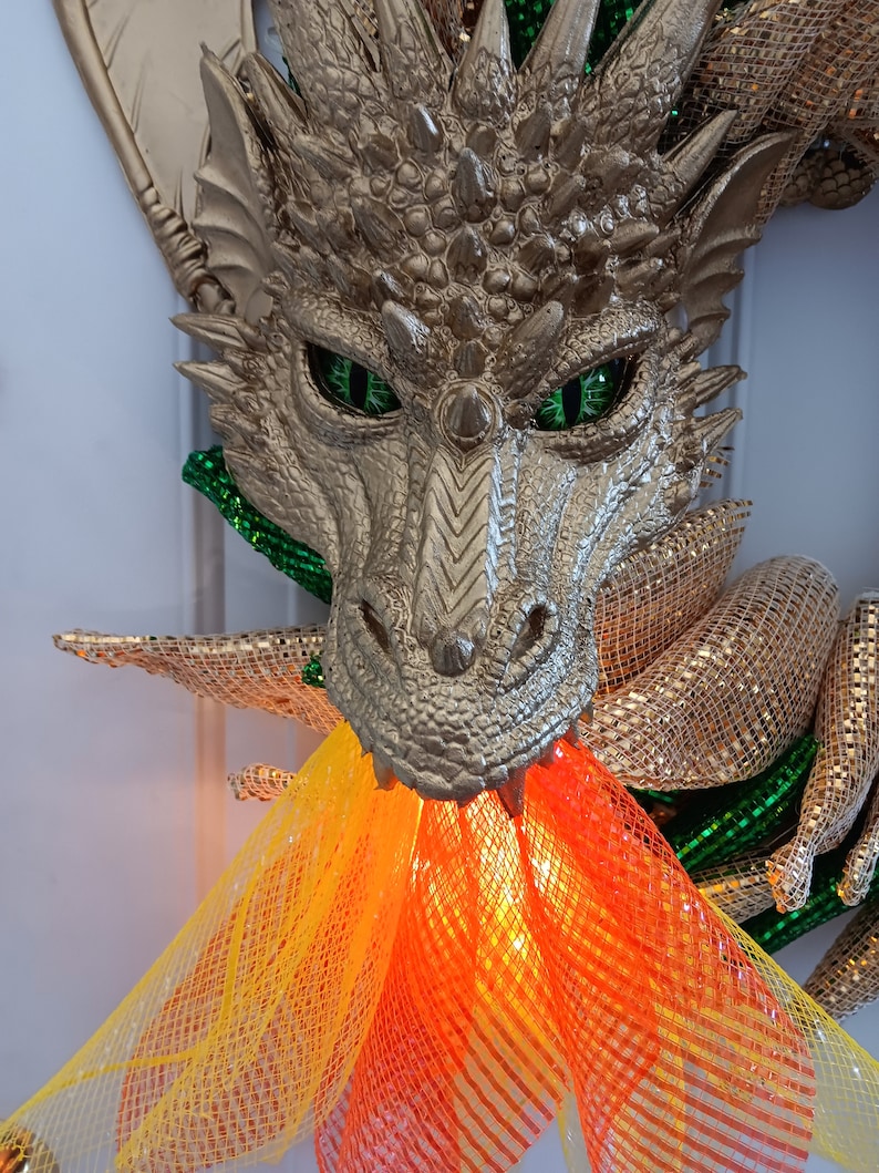 Gold and Green Dragon With Lighted Flame Beautiful Gold and Emerald ...