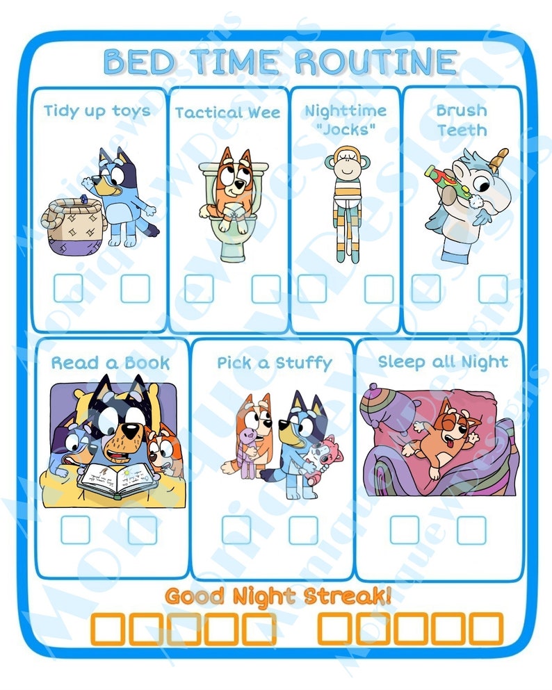 Bed Time Checklist Printable for Kids With Cartoon Blue Heelers - Etsy
