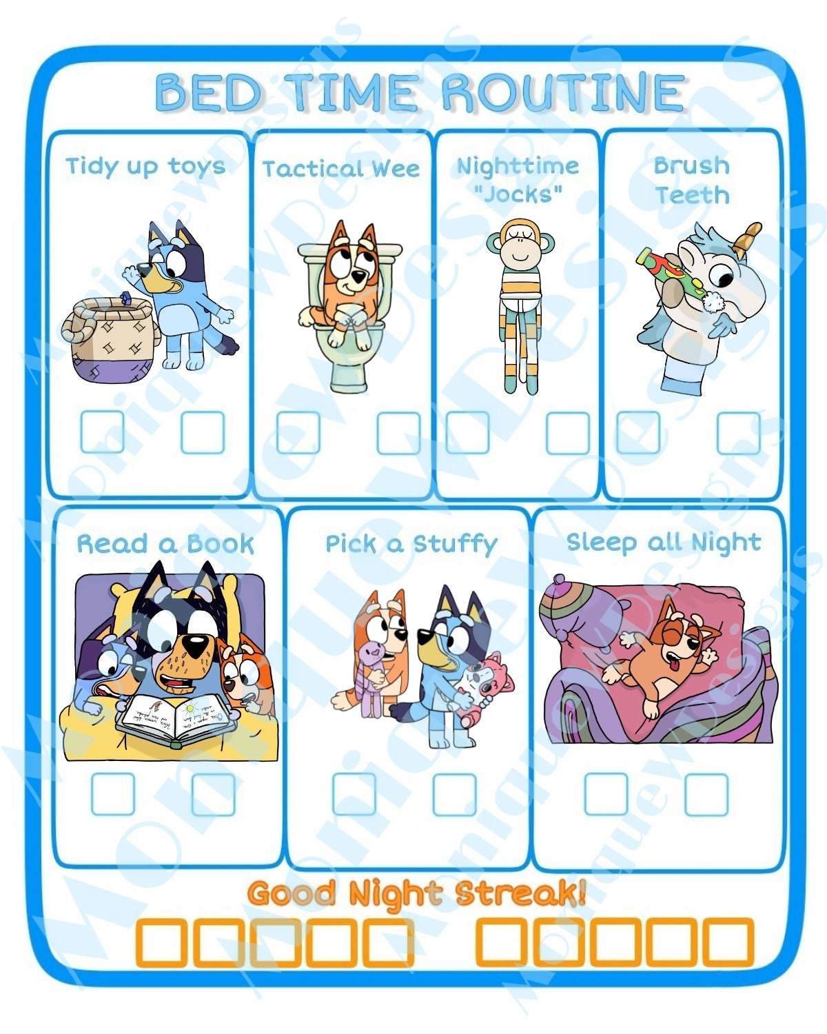Bed Time Checklist Printable for Kids With Cartoon Blue Heelers - Etsy