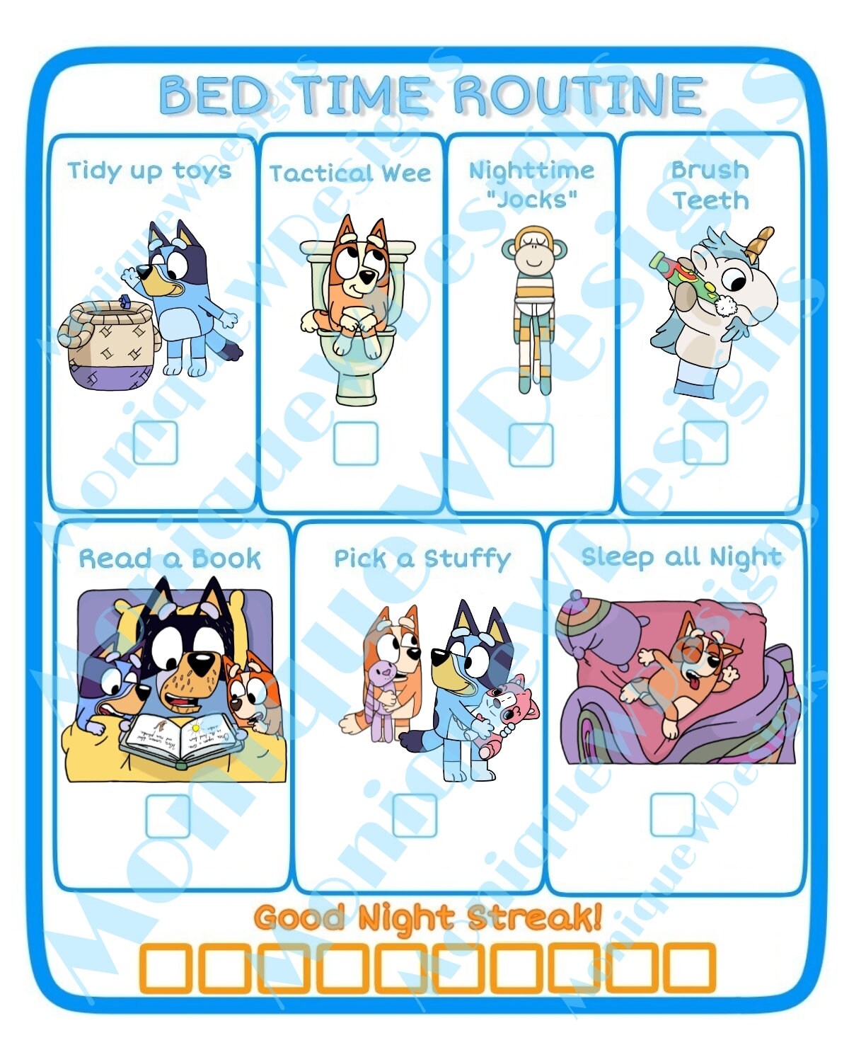 Bed Time Checklist Printable for Kids With Cartoon Blue Heelers - Etsy UK