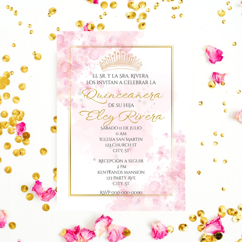 Invitación de cumpleaños de Quinceañera floral rosa suave IMPRIMIBLE ...