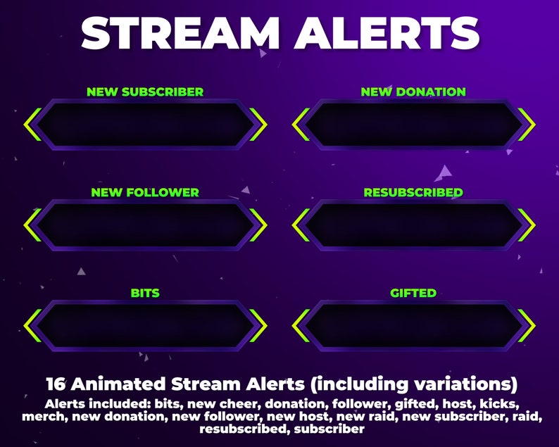 Purple and Green Stream Alerts Pack - Animated Alerts - Twitch - New ...