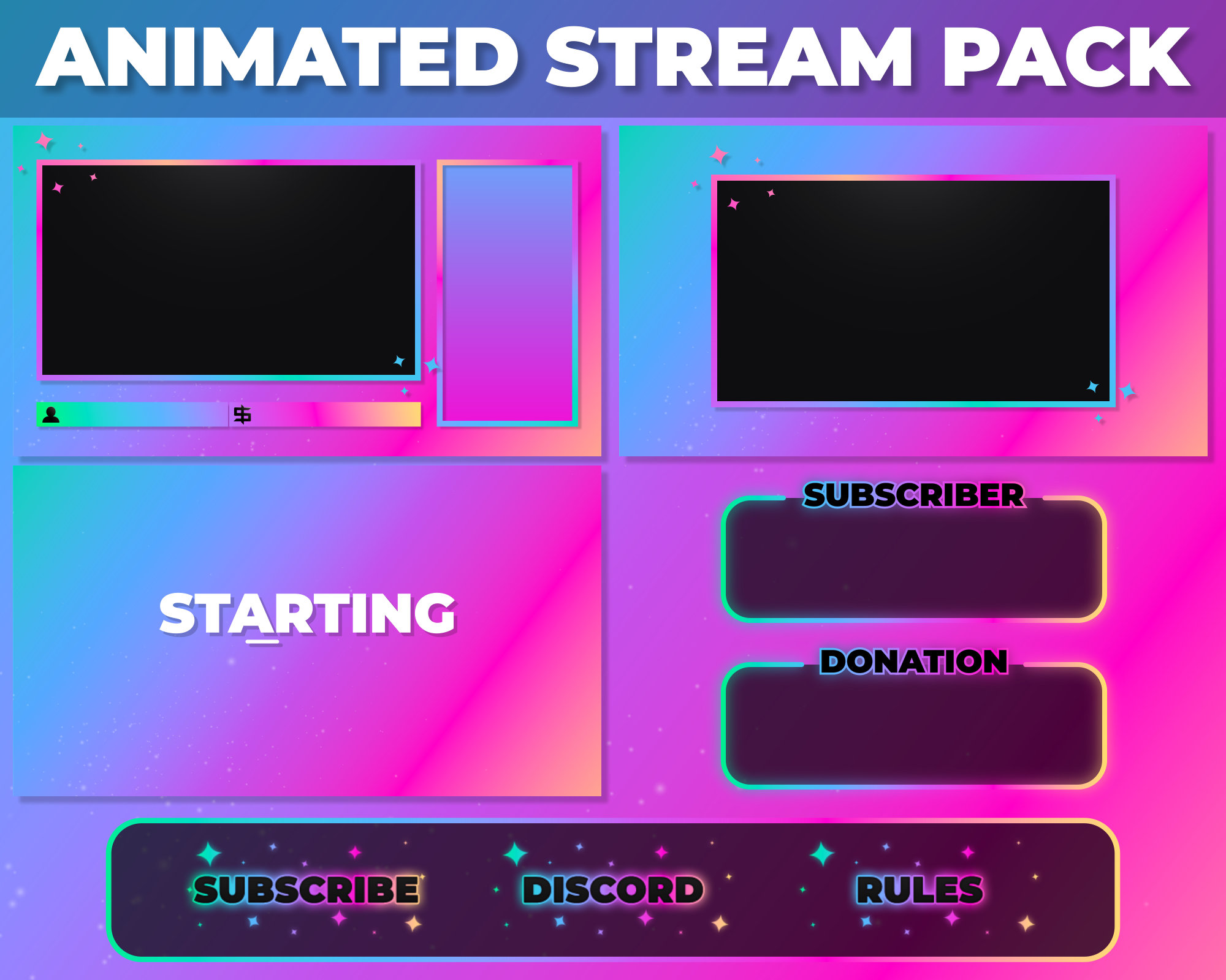 Animated Rainbow Neon Stream Package for Twitch - Camera Overlay, Chat ...