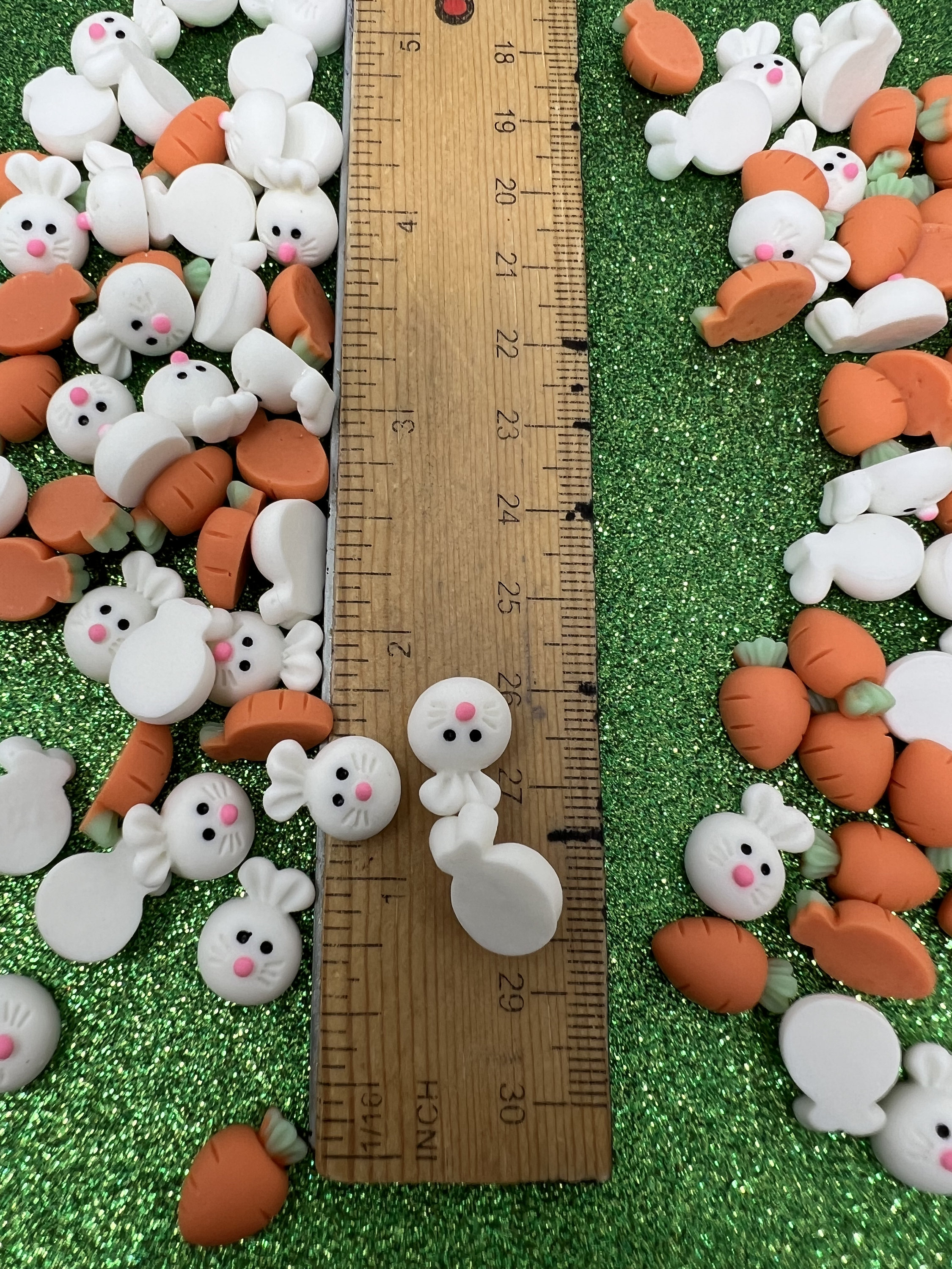 12pc Micro Miniature Orange Carrot and White Rabbit, 3D Resin Flatback, Easter, Vegetable, Bow ...