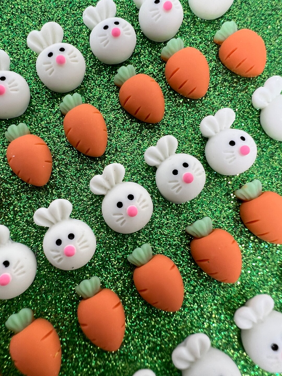 12pc Micro Miniature Orange Carrot and White Rabbit, 3D Resin Flatback, Easter, Vegetable, Bow ...