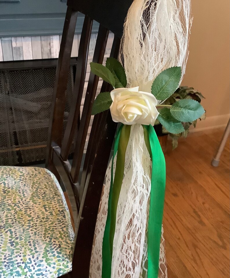 Set of 2 Lace Pews Bows With Satin Ribbon Streamers and Rose..you Pick ...