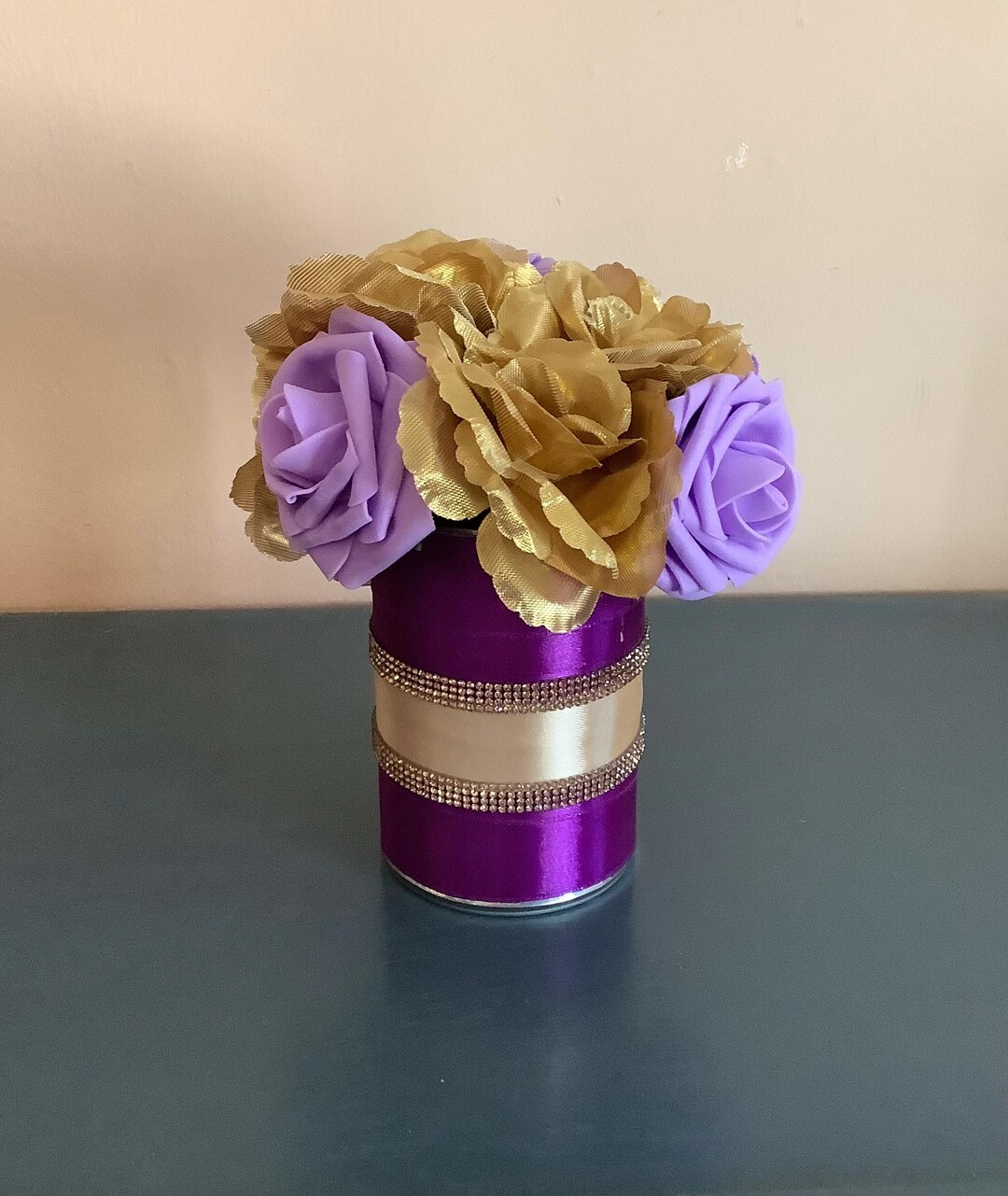 Golden Rose Centerpiece Embellished With Satin and Rhinestone Ribbon ...