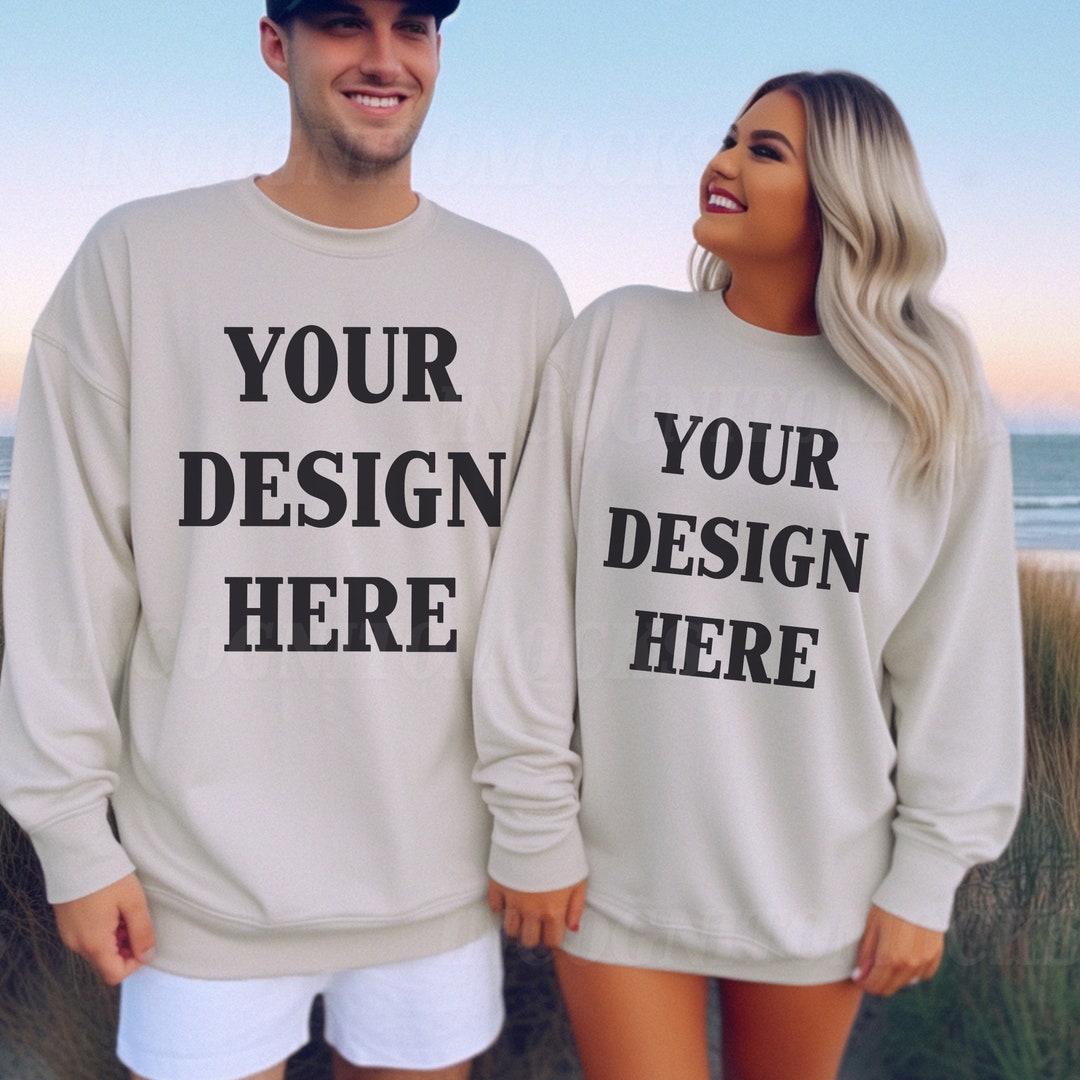 Couples Sweatshirt Mockup Sand Gildan 18000 Couple Mockup Gildan 18000 ...