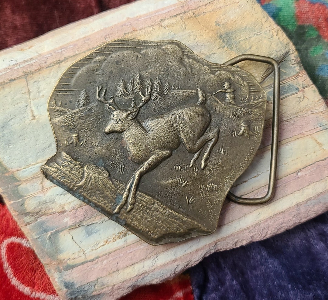 Vintage 70s Deer Hunter Scene Belt Buckle by Bergamot Brass Works - Etsy