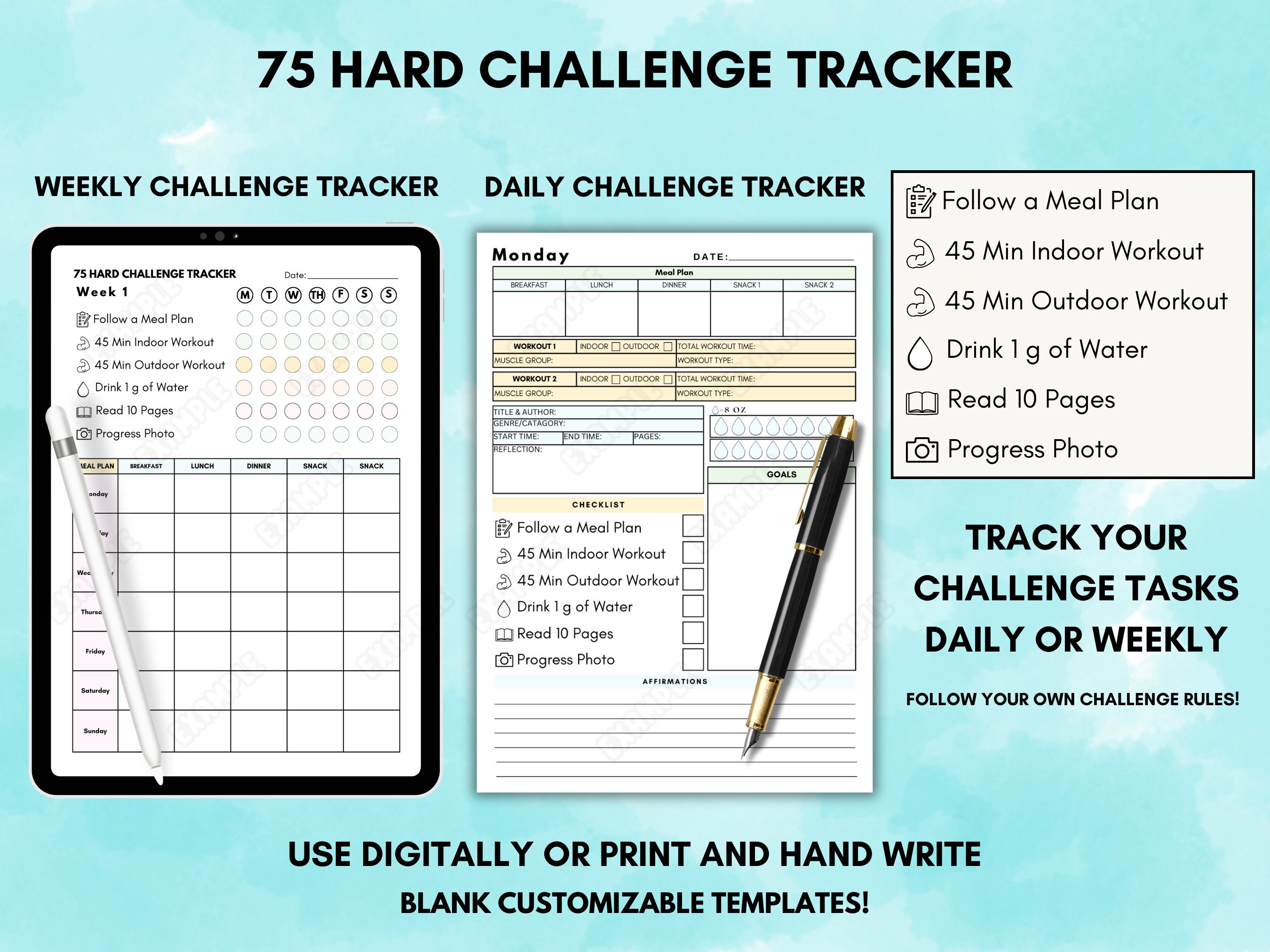 75 Hard Challenge Printable Workout Plan 75 Hard Tracker 75 Day ...