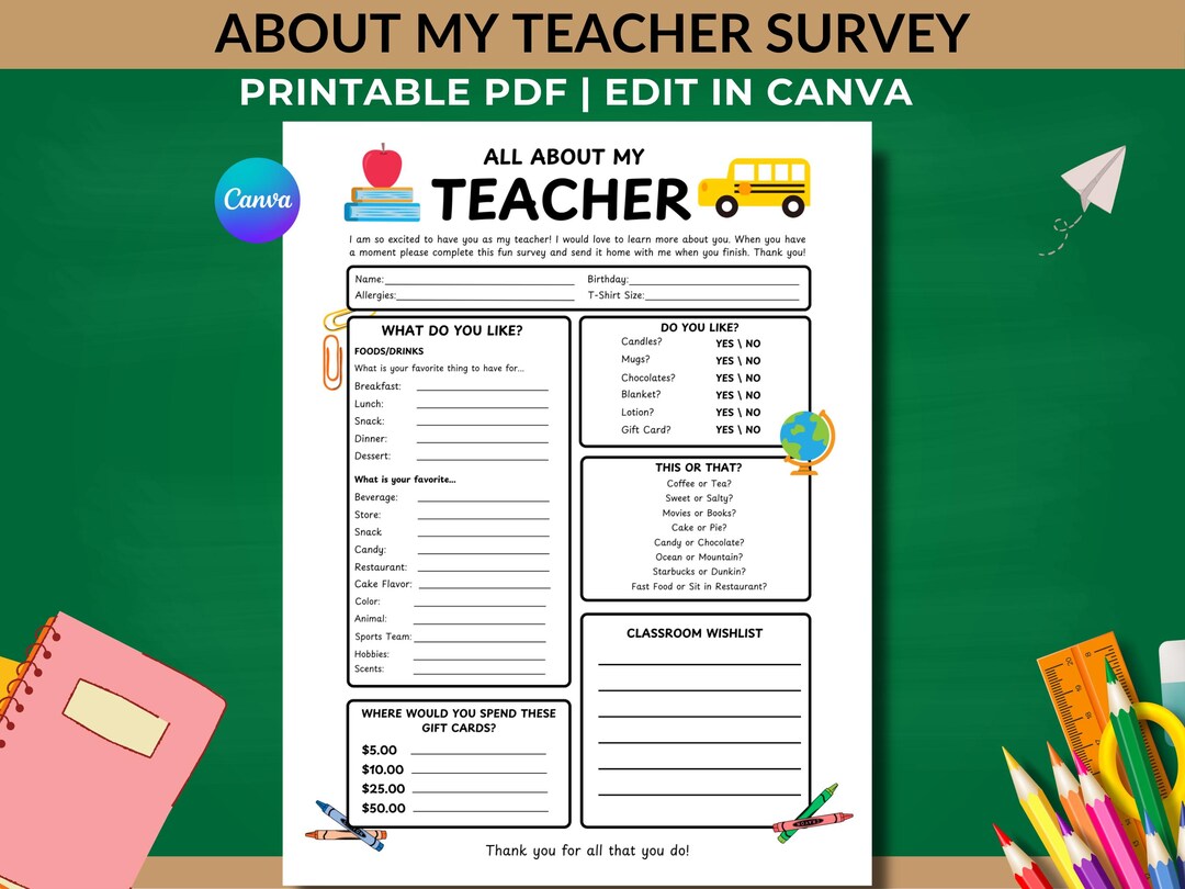 Teacher Favorites List Printable | Teacher Survey Back to School ...