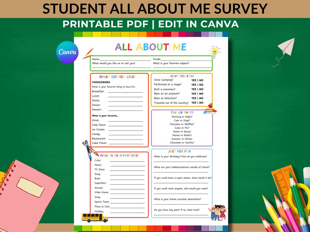 Encuesta Todo Sobre Mí Para Estudiantes Imprimible / Cuestionario Todo ...