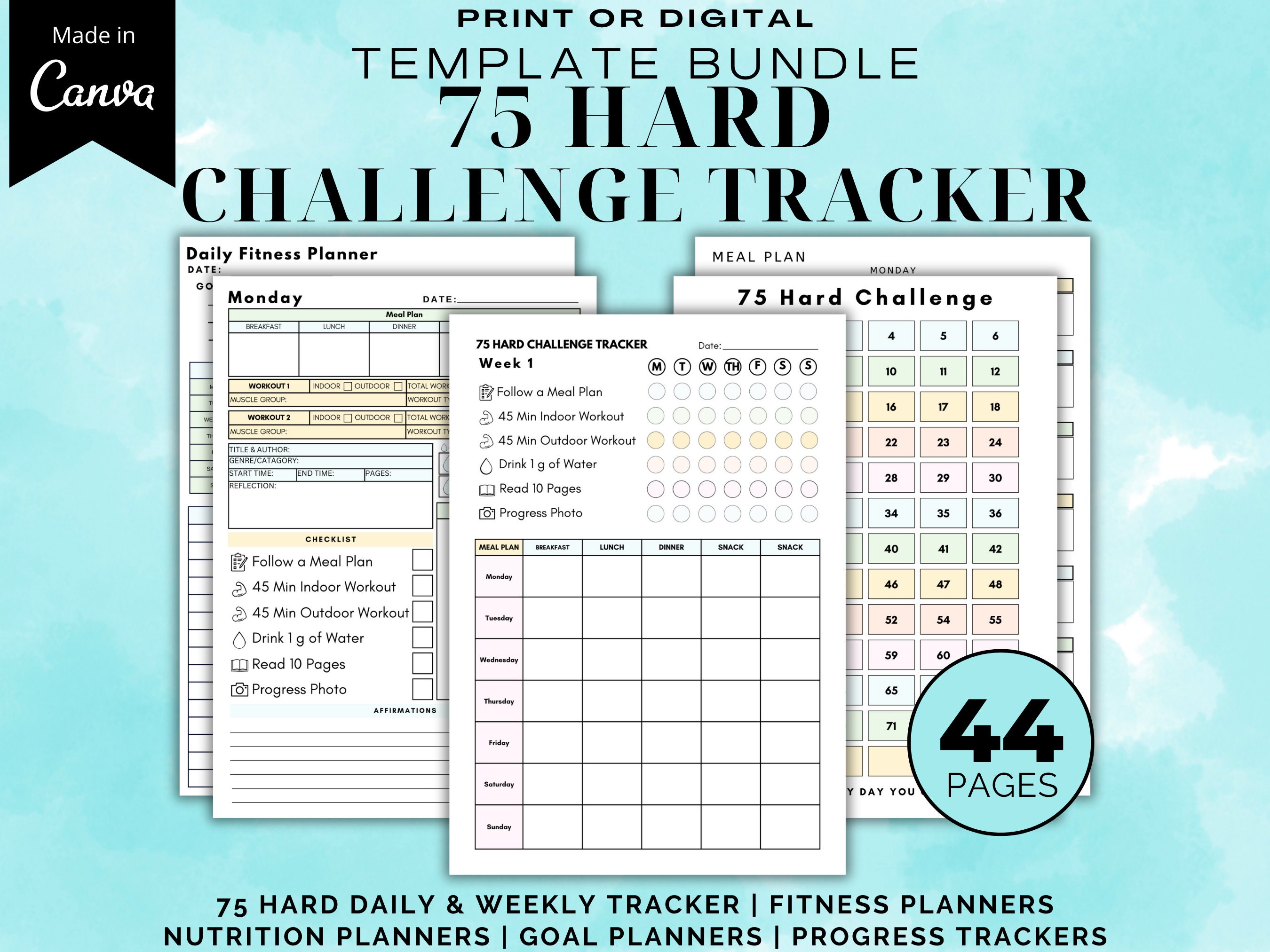 75 Hard Challenge Printable Workout Plan 75 Hard Tracker 75 Day ...