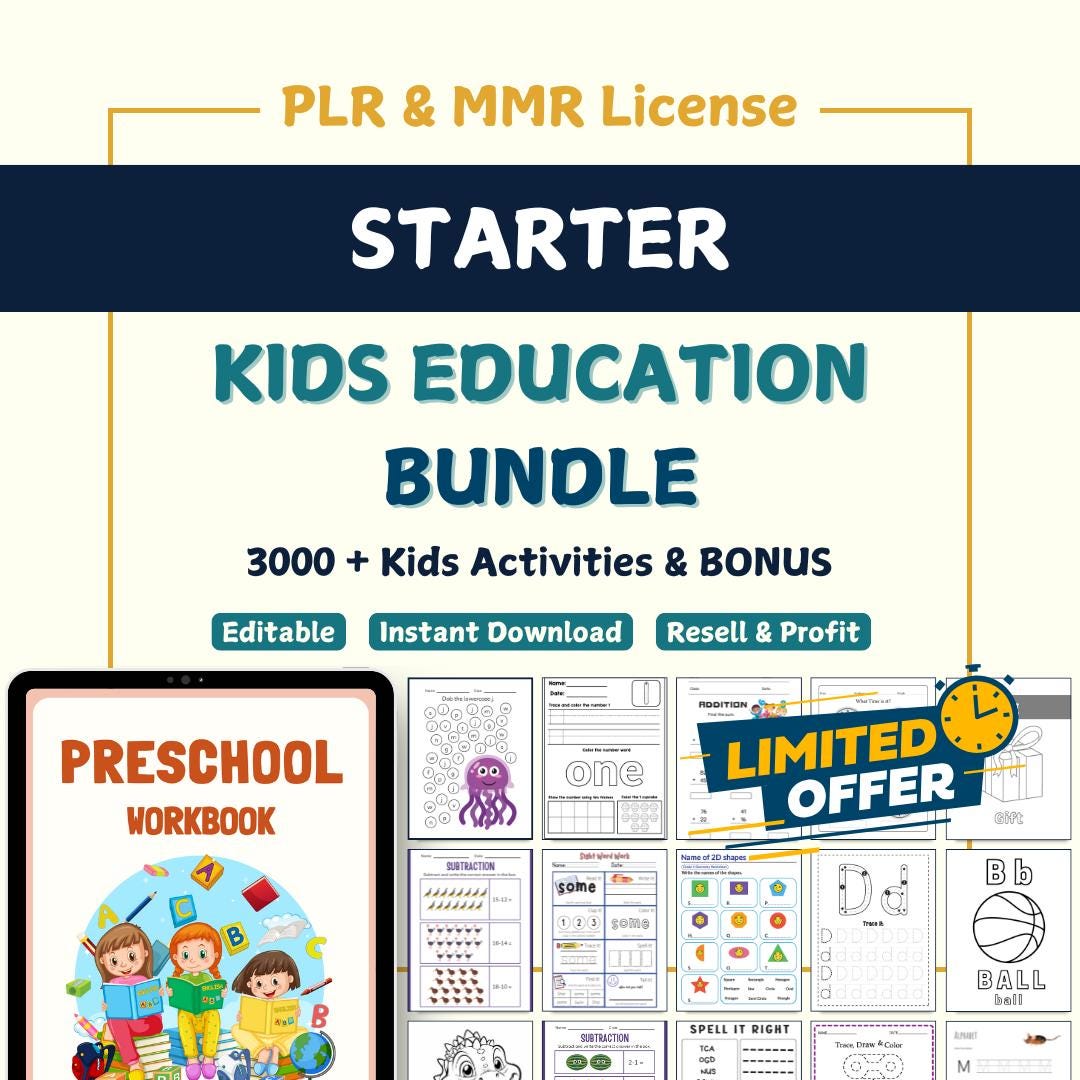 3000 Starter Kids Educational Bundle PLR & MMR Printable Preschool Activities Tracing ...