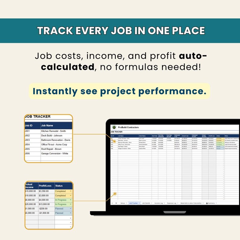 Simple Contractor Bookkeeping Template | Income & Expense Tracker | Job ...