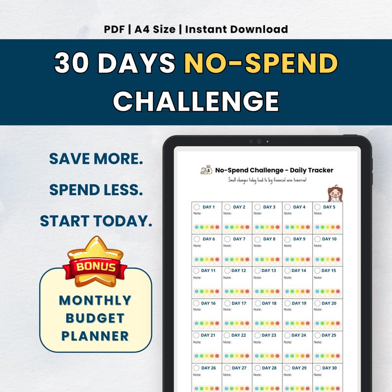 30 Days No-spend Challenge Printable PDF | Saving Challenge Tracker ...