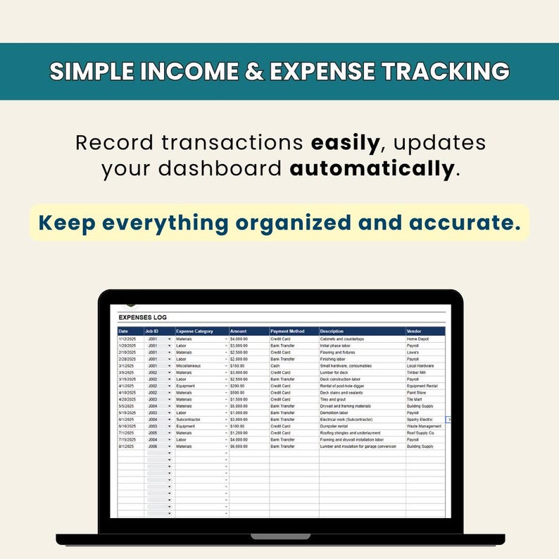 Simple Contractor Bookkeeping Template | Income & Expense Tracker | Job ...