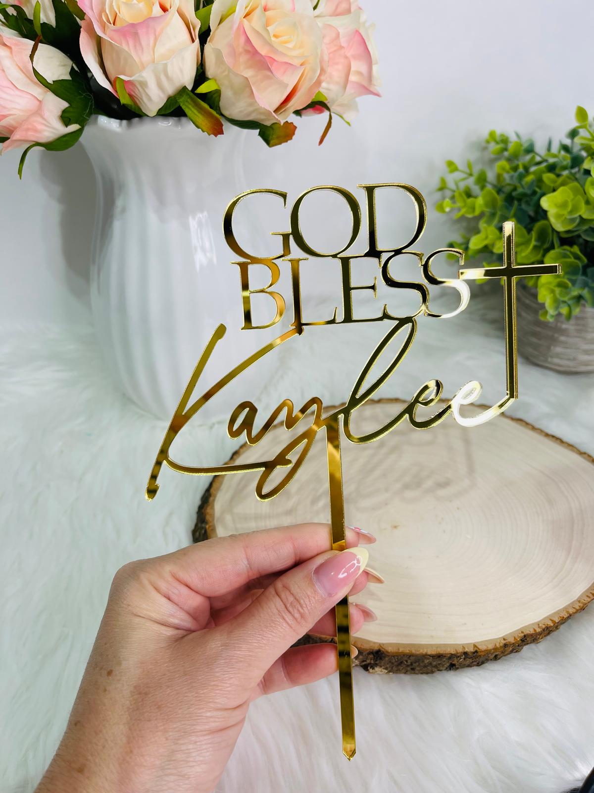 Custom God Bless Cake Topper With Name, Gold Mirror Acrylic Cake Topper ...